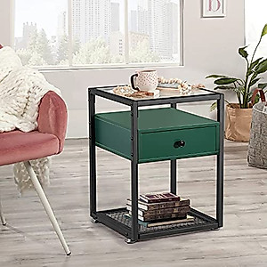 VECELO End Table, Modern Nightstand with Drawer, Night Stand Set of 2 for Bedroom Living Room,Tempered Glass, 2 Pack, Green