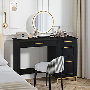 4 EVER WINNER Black Desk with Drawers, 43” Home Office Desk with Storage, Golden Handle for Bedroom, Black and Gold Desk Study Writing Desk for Small Space, Black