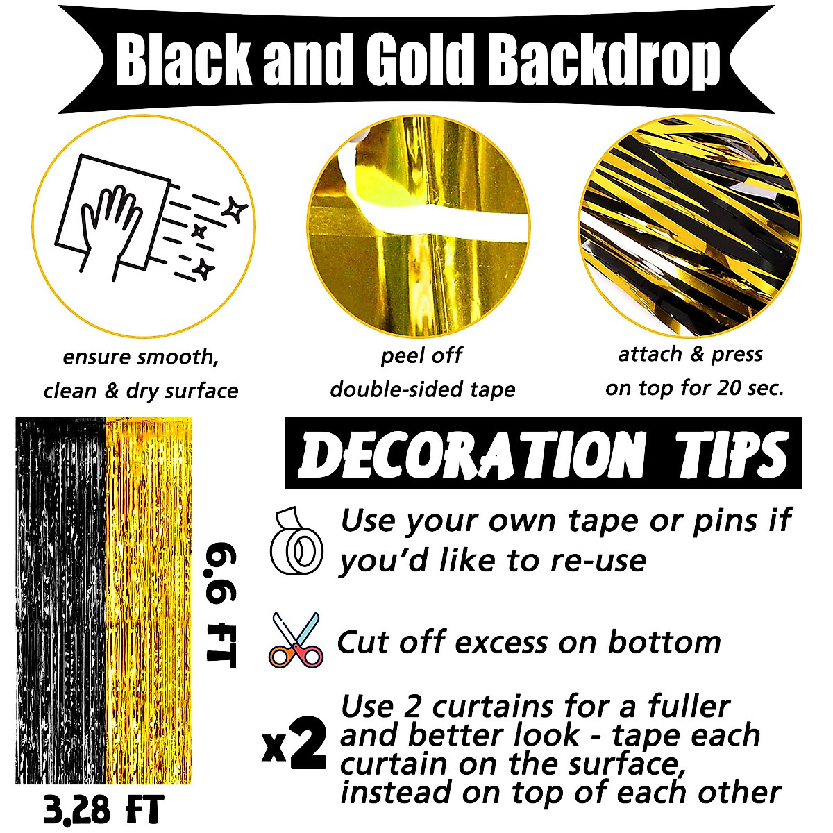 4 Pack 3.2Ft x 6.6Ft Black and Gold Fringe Curtain Backdrop, Metallic Tinsel Foil Fringe Streamers Curtains Background for Photo Booth Birthday Wedding Graduation Carnival Party Decorations