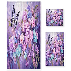 Flradish Flowers Butterflies Towels 3 Pack Bath Towels for Bathroom Set Soft Cotton Highly Absorbent Lightweight & Quickdry Towel Set 1 Bath Towel,1 Hand Towel,1 Washclothe