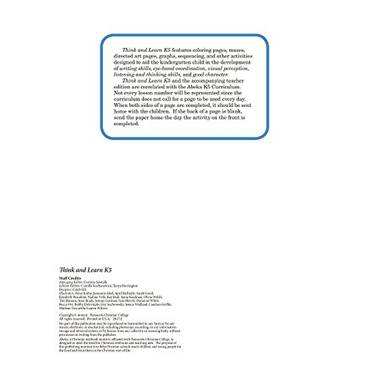 Think and Learn K5 - Abeka 5 Year Old Kindergarten Phonics Reading Development and Comprehension Student Activity Book