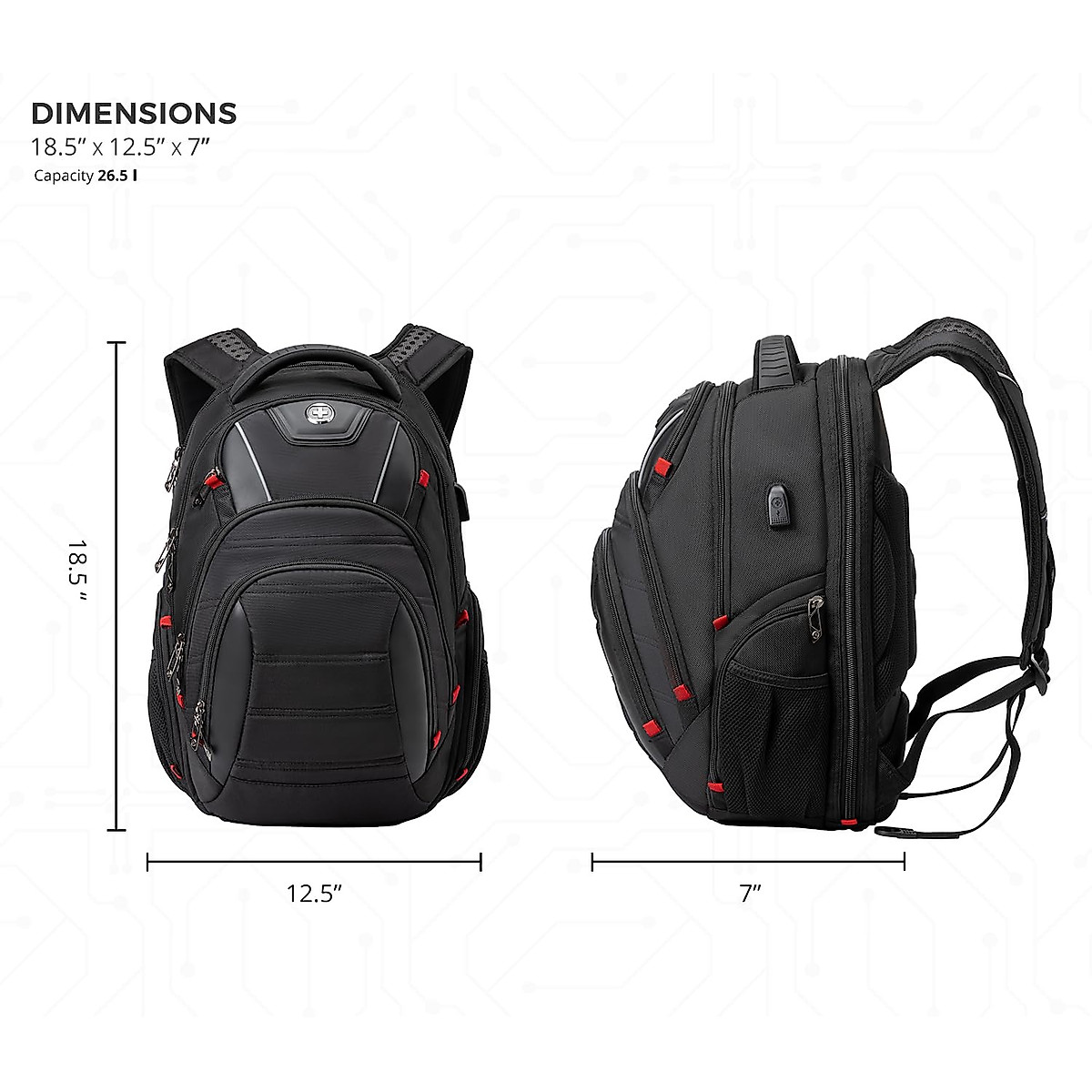 SwissDigital Circuit Men's Laptop Backpack for College and Business Travel with Integrated USB Charging Port and RFID Protection Fits Laptops up to 15.6 in, Black (J14-BR)