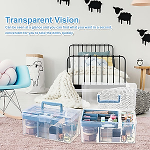 Leinuosen 2 Pcs 2 Layer Clear Plastic Dividing Storage Box with Removable Tray Multipurpose Stationery Storage Box with Handle Portable Sewing Box Transparent Case for Home, 11.42x6.3x5.71 In(Blue)