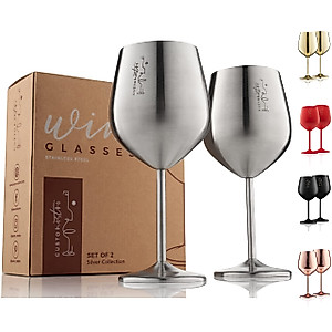Gusto Nostro Stainless Steel Wine Glass - 18 oz - Cute, Unbreakable Wine Glasses for Travel, Camping and Pool - Fancy, Unique and Cool Portable Metal Wine Glass for Outdoor Events, Picnics (Set of 2)