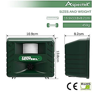 ASPECTEK Includes AC Adapter, Extension Cord Pest Repeller Yard Sentinel 2 Pack Outdoor Ultrasonic Animal Control, Green, Sound Frequency:15 kHz -18 kHz
