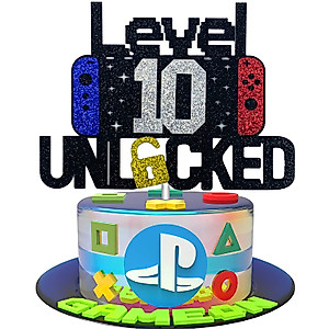 10th Birthday Video Game Cake Topper Level 10 Unlocked Cake Topper for Kids Boy Girl 10-Years-Old Birthday Party Decoration