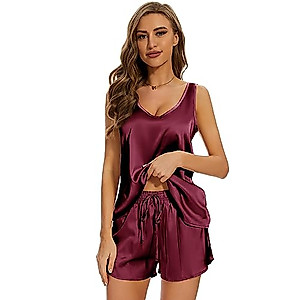 MOYEE Women Silk Pajama Set Soft Satin V Neck Tank Top and Shorts 2 Piece lounge Sets with Pockets(Wine Red, Large)