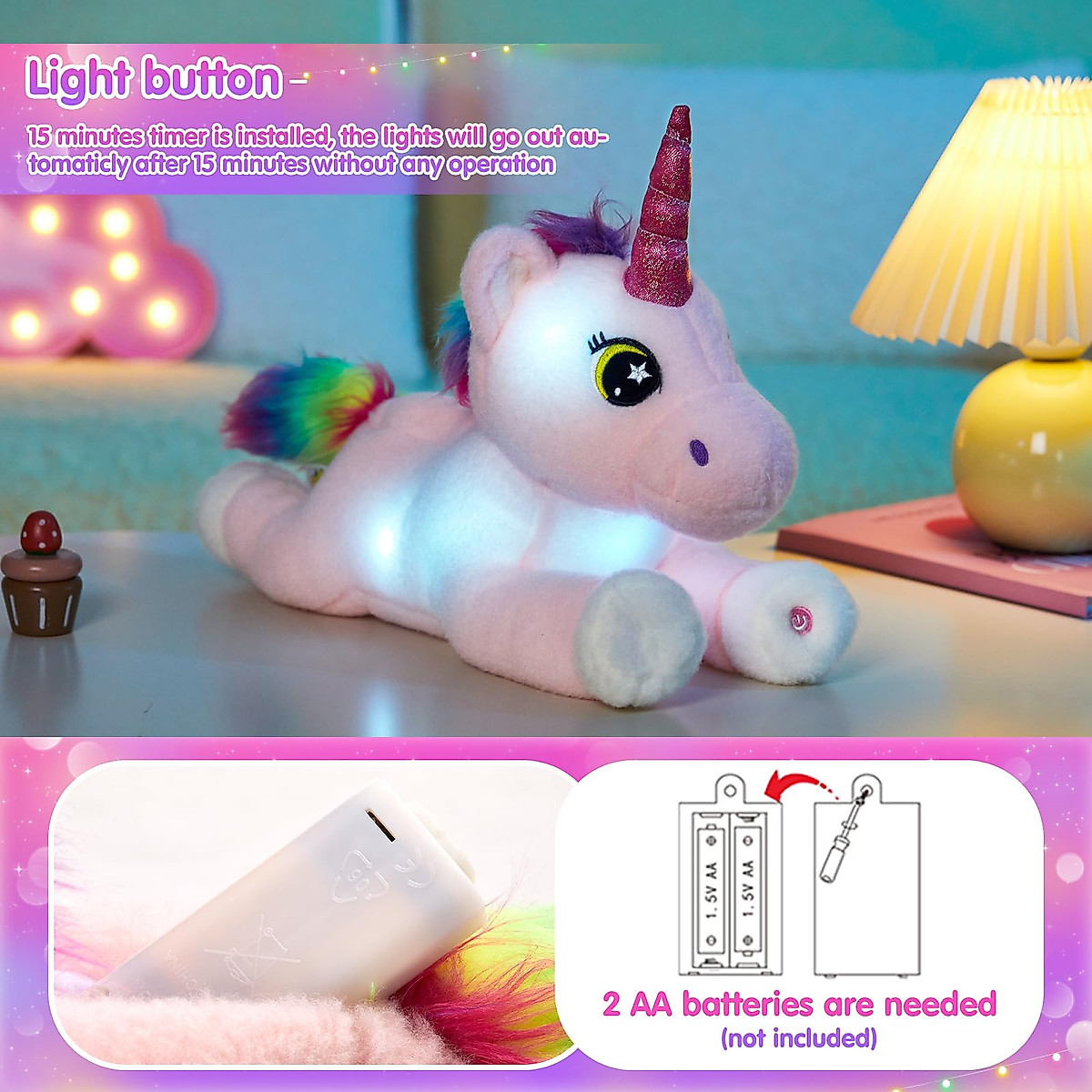 BSTAOFY Big Light up Pink Unicorn Stuffed Animal LED Unicorn Soft Plush Toy Birthday Valentines Christmas for Kids Girls 16.5‘’