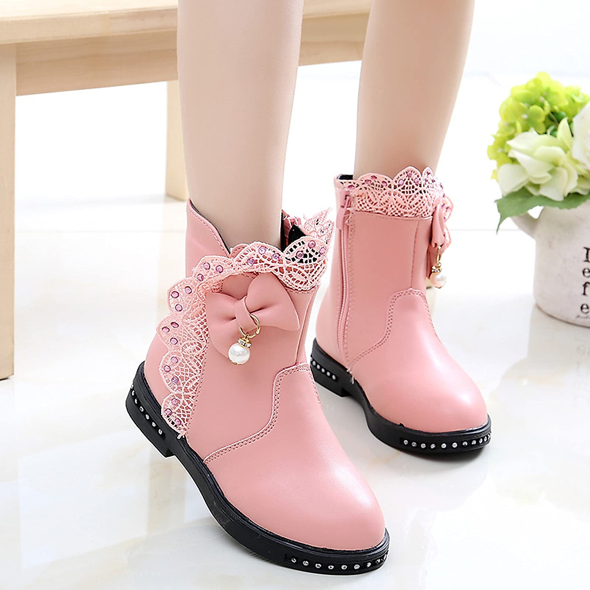 PU Leather Butterfly Knot Princess Shoes for Little Kid/Big Kids Girls 4-12 Years Non-Slip Fur Lining Boots Snow Boots (Pink, 10.5-11Years)