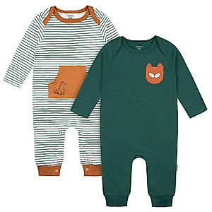 Gerber Baby Boys' 2-Pack Long Sleeve Jumpsuit, Green Fox, Newborn