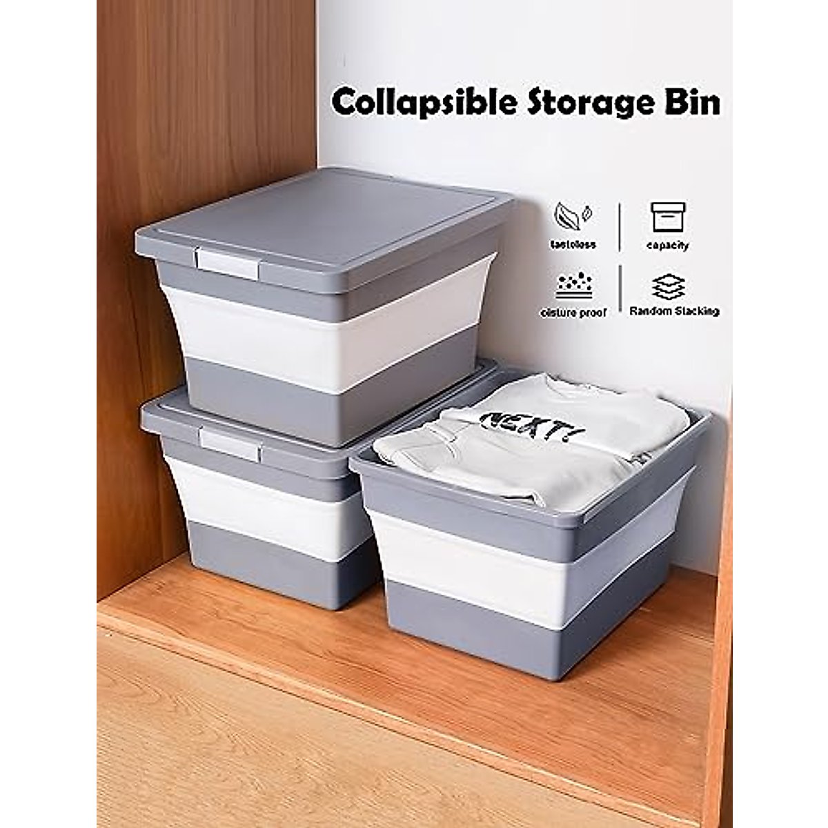 Beinilai Collapsible Storage Bins with lids,26 Qt Plastic Storage Bin Containers Tote Organizing with Secure Buckles，Suitable for Family Outdoor Multi-scene,Grey