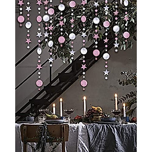 Glitter Star Circle Dot Garland, Twinkle Little Star Party Decoration Hanging Streamer Backdrop Banner, for Wedding Baby Shower Christmas Birthday Party Decor Supplies, 3 String Totle 39 Feet (Pink)