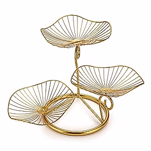 OwnMy 3-Tier Fruit Basket Stand Decorative Iron Fruit Bowl, Metal Wire Fruit Holder Storage Trays Table Countertop Holder for Vegetables Bread Snack, Modern Fruit Bowls for Kitchen Home Use (Gold)