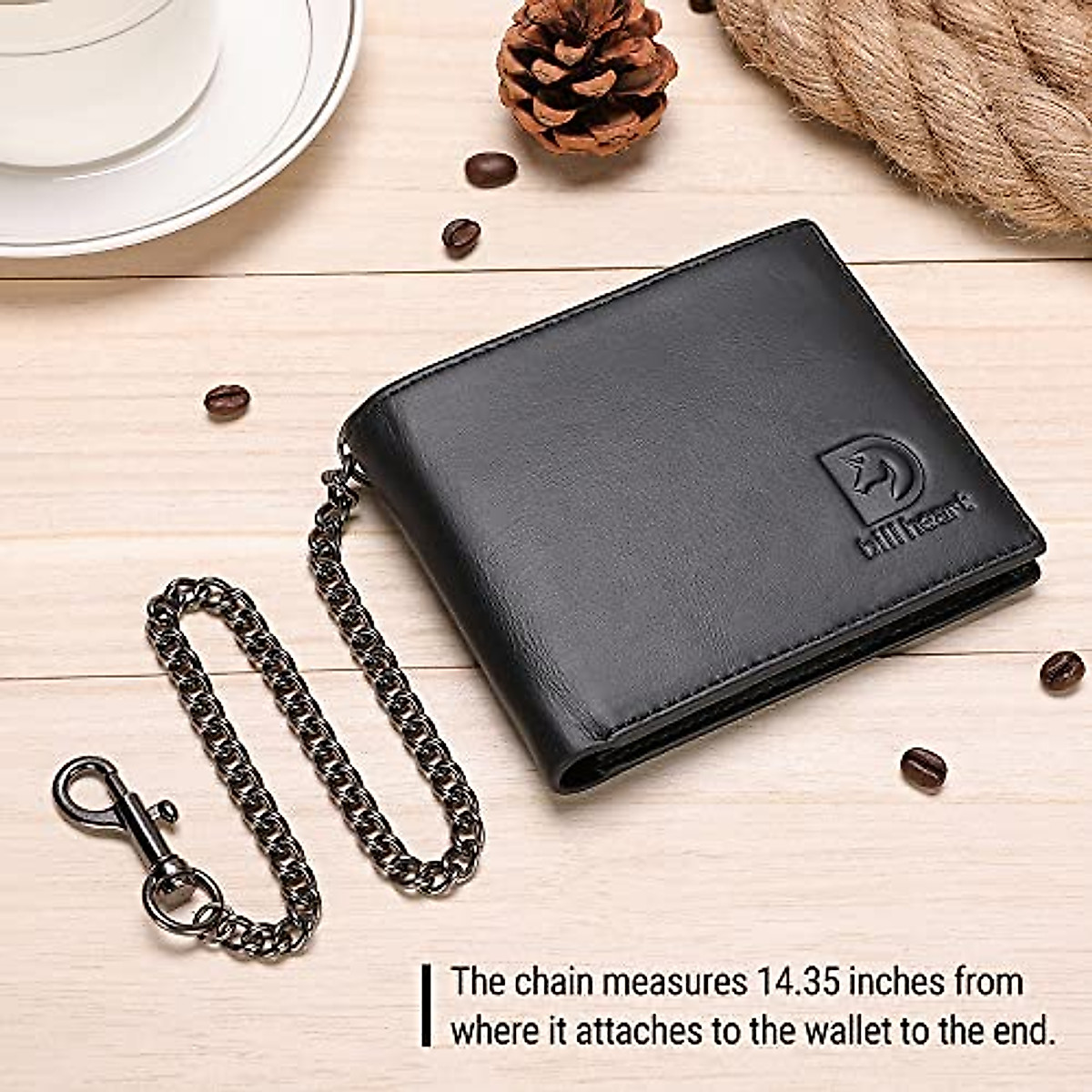 bill heart Chain Wallets for Men, RFID Blocking Genuine Leather Bifold Wallet with Sturdy Chain