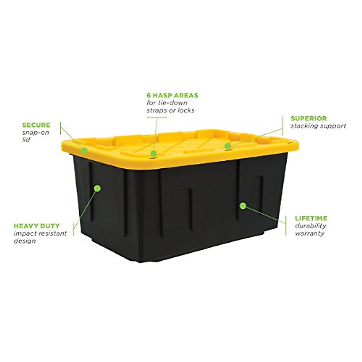 HOMZ 27 Gallon Durabilt Tough Storage Container, Black Base, Yellow Lid, Stackable, 4-Pack
