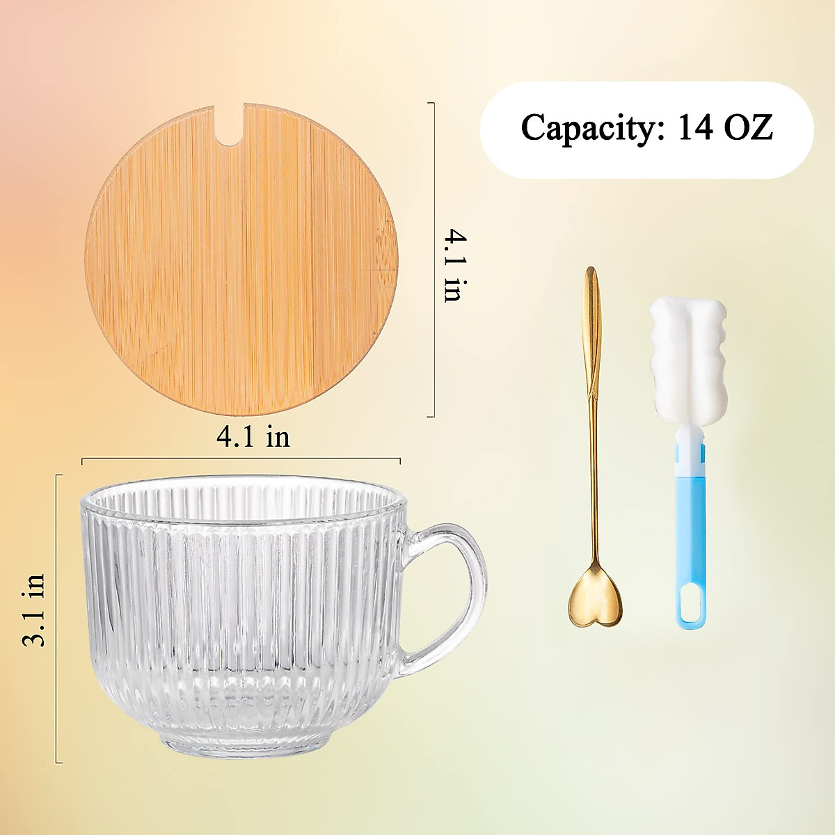 megarte Vintage Glass Coffee Mugs - 14 Oz Ribbed Mugs with Bamboo Lids and Golden Spoons Set Of 4 - Coffee Cups for Cappuccino, Latte, Cereal, Yogurt, Tea Christmas Thanksgiving Gifts