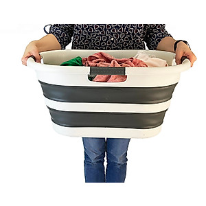 SAMMART 40L (10.5 gallon) Collapsible Plastic Laundry Basket - Foldable Pop Up Storage Container/Organizer - Portable Washing Tub - Space Saving Hamper/Basket (2, Grey/Washed Black)