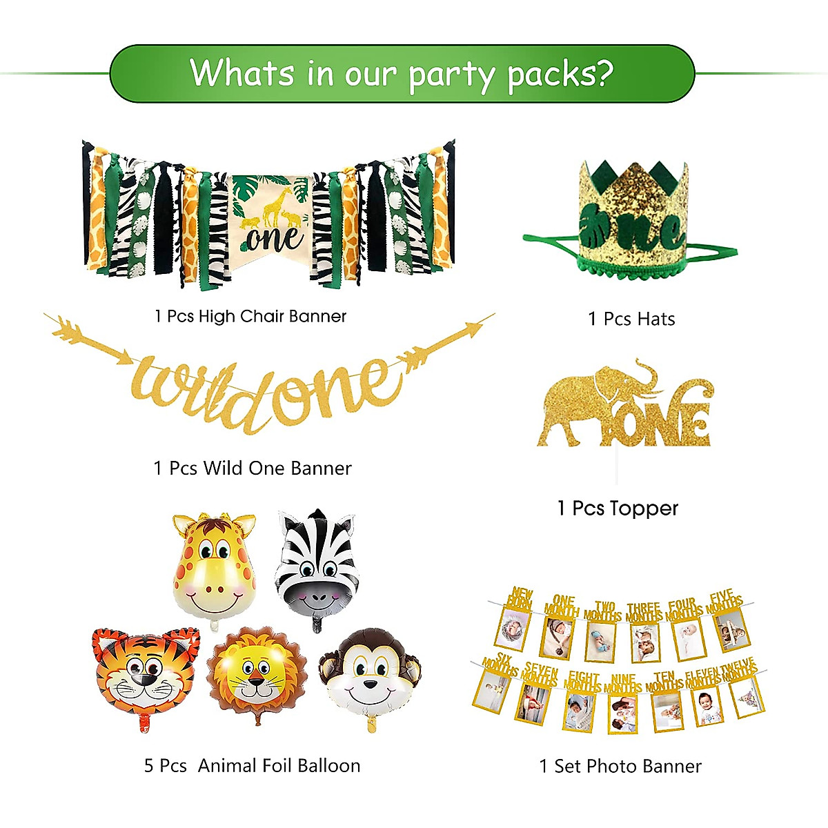 FVABO Wild One Birthday Decorations - Jungle Theme Party Supplies Include Leaf, Baby Photo Banner, Highchair Banner, Topper, Balloons Garland Arch, Crown, for 1st Animal Safari Birthday Party Decor