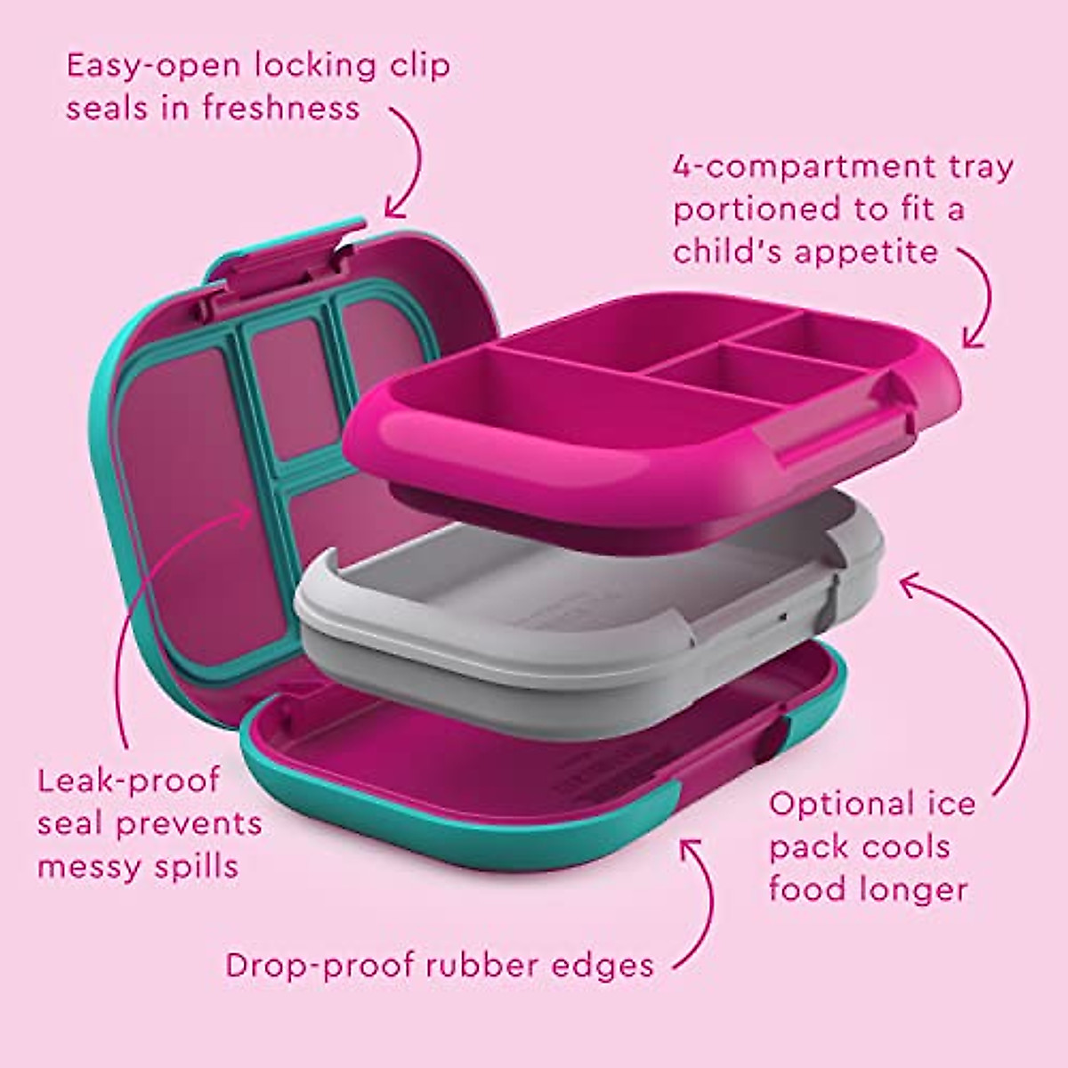 Bentgo® Kids Chill Lunch Box - Leak-Proof Bento Box with Removable Ice Pack & 4 Compartments for On-the-Go Meals - Microwave & Dishwasher Safe, Patented Design, & 2-Year Warranty (Fuchsia/Teal)