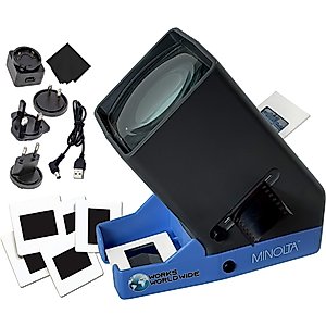 MINOLTA 35mm Desk Top Portable LED Slide and Negative Viewer Luminated 3X Magnify – for 2"x2" Slides & Positive Negatives - Worldwide AC Adapter & Plugs, Battery Operation & Cloth