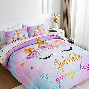 NTBED Unicorn Twin Comforter Set with Sheets,5 Pieces Kids Bedding Sets for Girls, Lightweight Microfiber Star Rainbow Bed in a Bag,Blue Purple