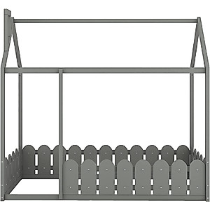 Harper & Bright Designs Twin House Bed Frame for Kids, Montessori Floor Bed Twin with Fence-Shaped Rails, Wood Twin Floor Bed Frames for Girls, Boys(Twin,Grey)