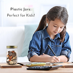 Cornucopia Brands Small Coin Bank Jars (4-Pack, Clear); 16oz Clear Plastic Mason Jar Coin Banks w/Gold Slotted Lids