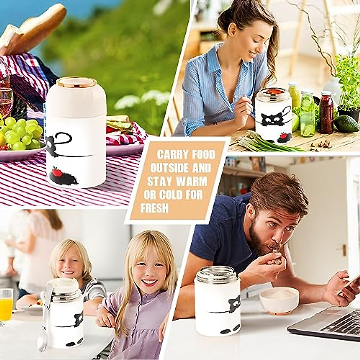 CUPADA Black Cat Hedgehogs Food Jar, Funny Kitten Cute Insulated Hot Food Jars Vacuum 17OZ with Folding Spoon for Work Trip Picnic Camping