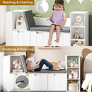 BOTLOG 61.5" Kids Reading Nook with 3-Layer Bookshelf, Reading Nook for Kids with Double Bench and Rolling Drawers, Kids Bookshelf and Toy Storage for Nursery, Playroom, White