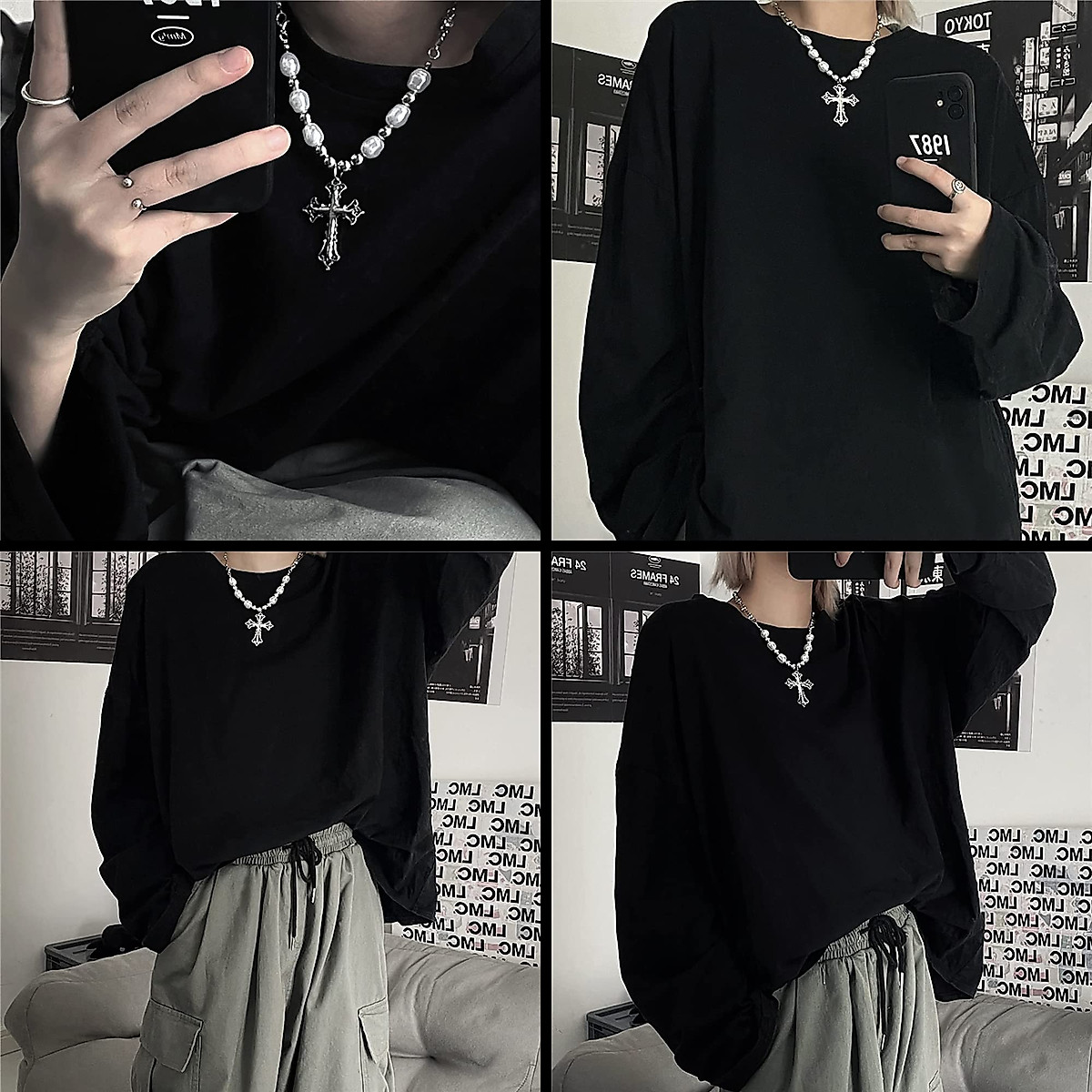 Y2k Necklace Gyaru Goth Necklaces Fairy Grunge Jewelry Pearl Necklace with Cross for Women Coquette Aesthetic Cyber Emo Alt Necklaces for Women