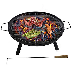 Koreyosh Fire Pit, 21'' Outdoor Patio Steel Fire Pit Wood Burning BBQ Grill Firepit Bowl with Round Mesh Spark Screen Cover Fire Poker for Backyard Garden Camping Picnic Beach Park (Round w/ Grill)