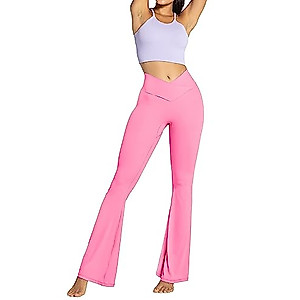 Sunzel Flare Leggings, Crossover Yoga Pants with Tummy Control, High Waisted and Wide Leg, No Front Seam Bubblegum Pink Medium 30" Inseam