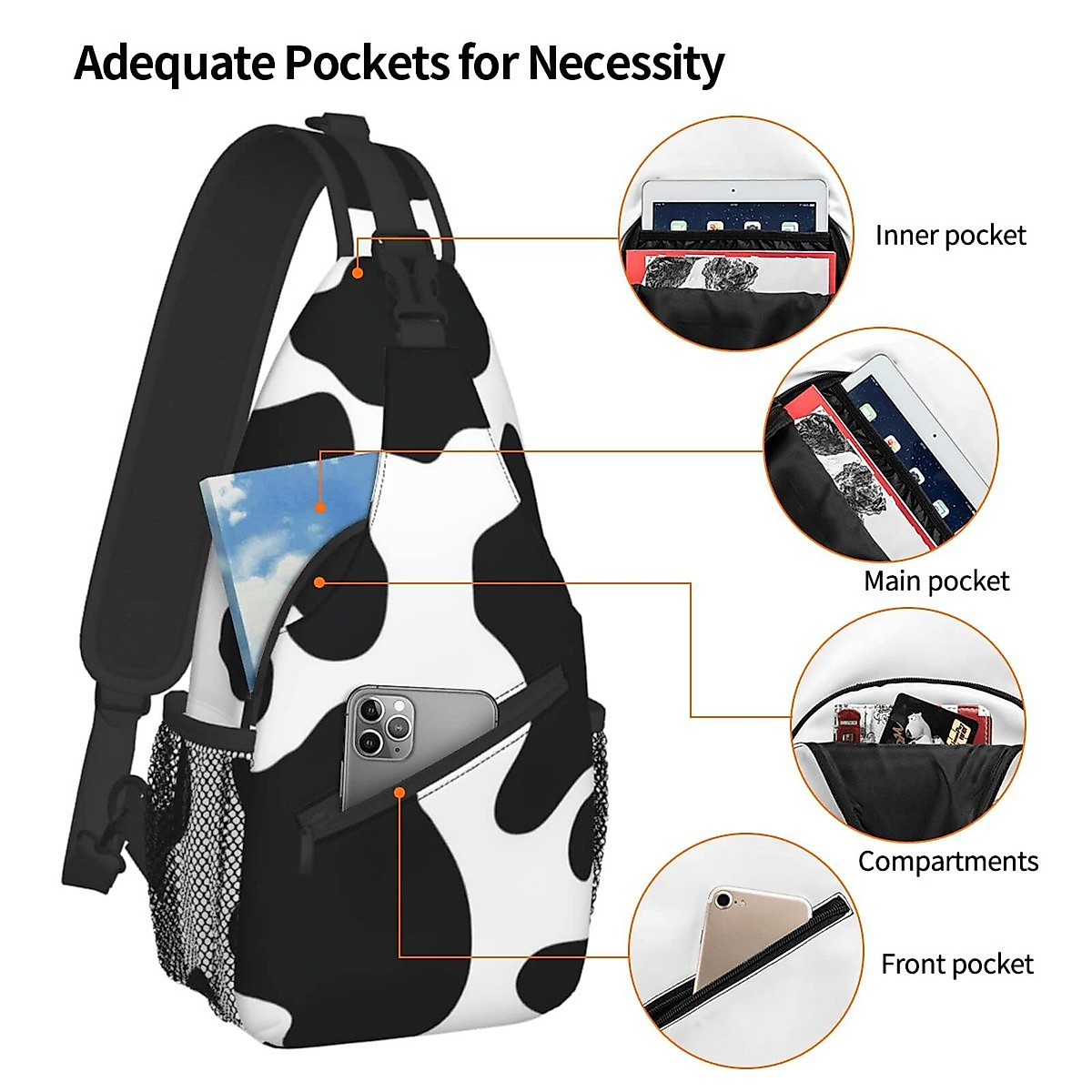 MuMuYun Sling Bag, Black & White Cow print Crossbody Sling Backpack for Casual Shoulder Women & Men