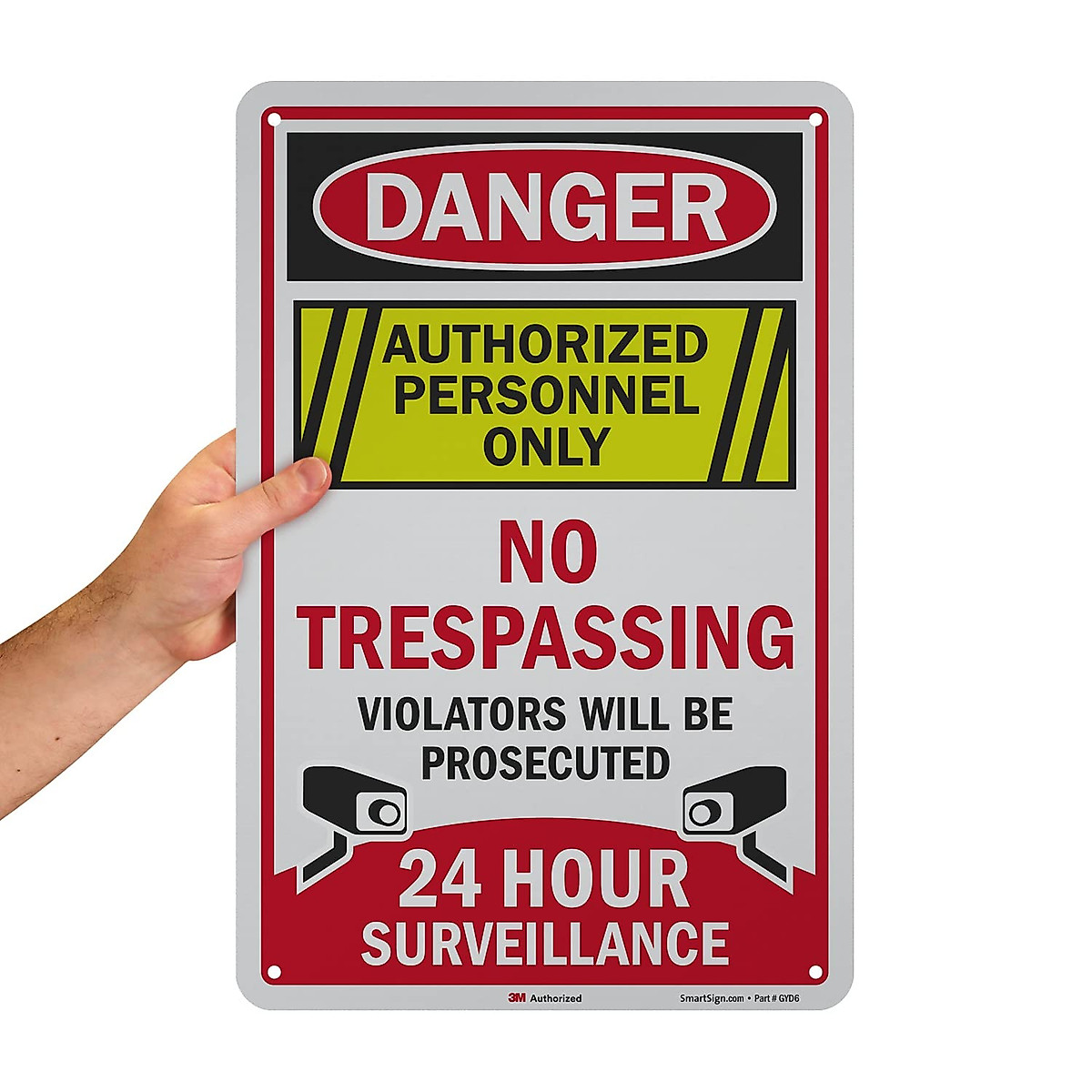SmartSign 18 x 12 inch “Danger - Authorized Personnel Only, No Trespassing, 24 Hour Surveillance” Metal Sign, 63 mil Aluminum, 3M Laminated Engineer Grade Reflective Material, Multicolor, USA-Made