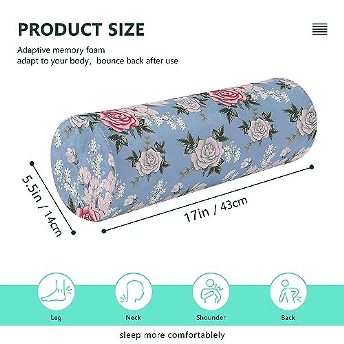 Vnurnrn Pink Rose Flowers Neck Support Pillow Round Neck Roll Bolster Cylinder Pillow Cervical Pillows Back Pillow for Leg Knee Back Head Support for Bedroom Camp Work Women Men