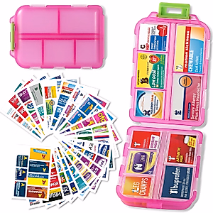 Pill Organizer with Medicine Labels Travel Daily Pill Container Mini Medication Organizer Storage Pill Organizer Travel Essentials Pill Case 7 Day Pill Organizer(Pink & 161 Lables)