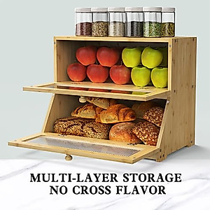 LOHASOK Double Layer Bamboo Bread Box for Kitchen Counter-Large Capacity Bread Storage Container Farmhouse Bread Box with Window Bread Holder… (Natural Bamboo)