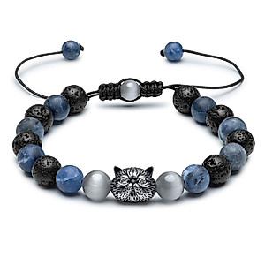 Karseer Vintage Silver Plated Cat Head Stress Relief Reiki Healing Bracelet Matte Natural Sodalite Anti Anxiety Calming Bracelet Lava Rock Oil Diffuser Aromatherapy Bracelet, Cat Lovers Memorial Gift