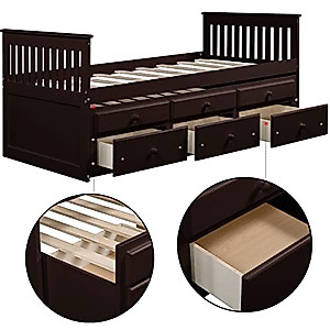 UBGO 3-in-1 Twin Sofa Bed, Wooden Furniture Set with Rollers and 3 Storage Drawers, Captain Sofa Bed Frame for Boys Girls Small Space Bedrooms, Espresso