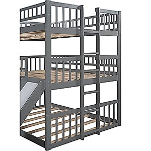 BOVZA Triple Bunk Bed with Slide, Full Over Full Over Full Wood Floor Bunk Bed with Built-in Ladder and Guardrails, 3 Bunk Beds for Kids Teens Adults, Gray