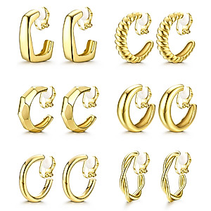 FUNRUN JEWELRY 6Pairs Clip on Hoop Earrings for Women Gold Chunky Hoop Earrings Non Piercing Fake Earrings Set（Gold）