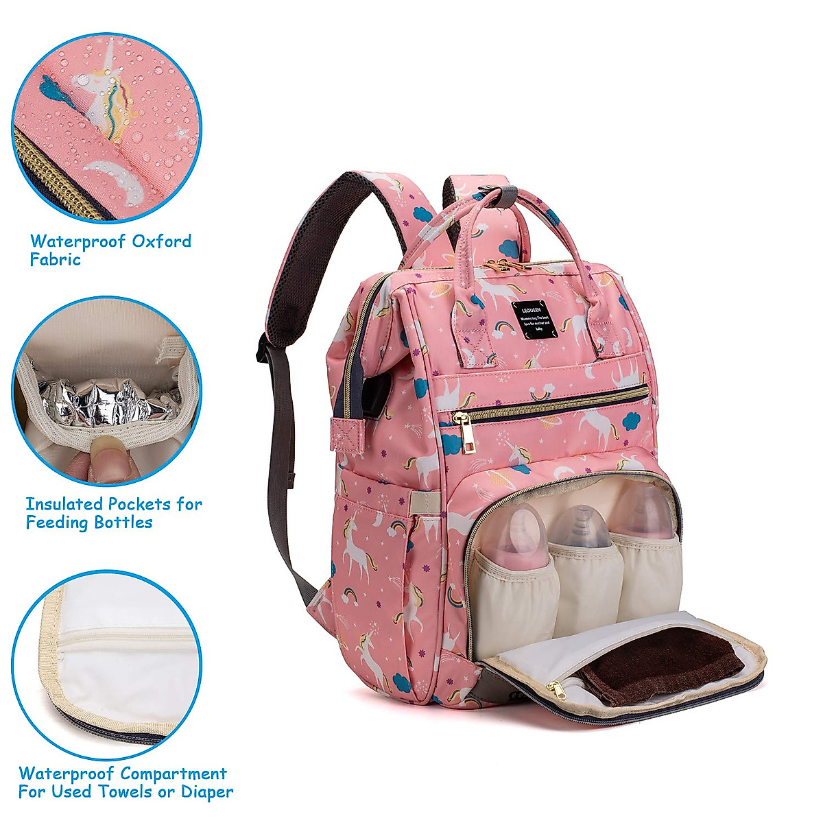 LEQUEEN Diaper Bag Backpack, Unicorn Multifunction Travel Back Pack Maternity Baby Changing Bags (Pink)
