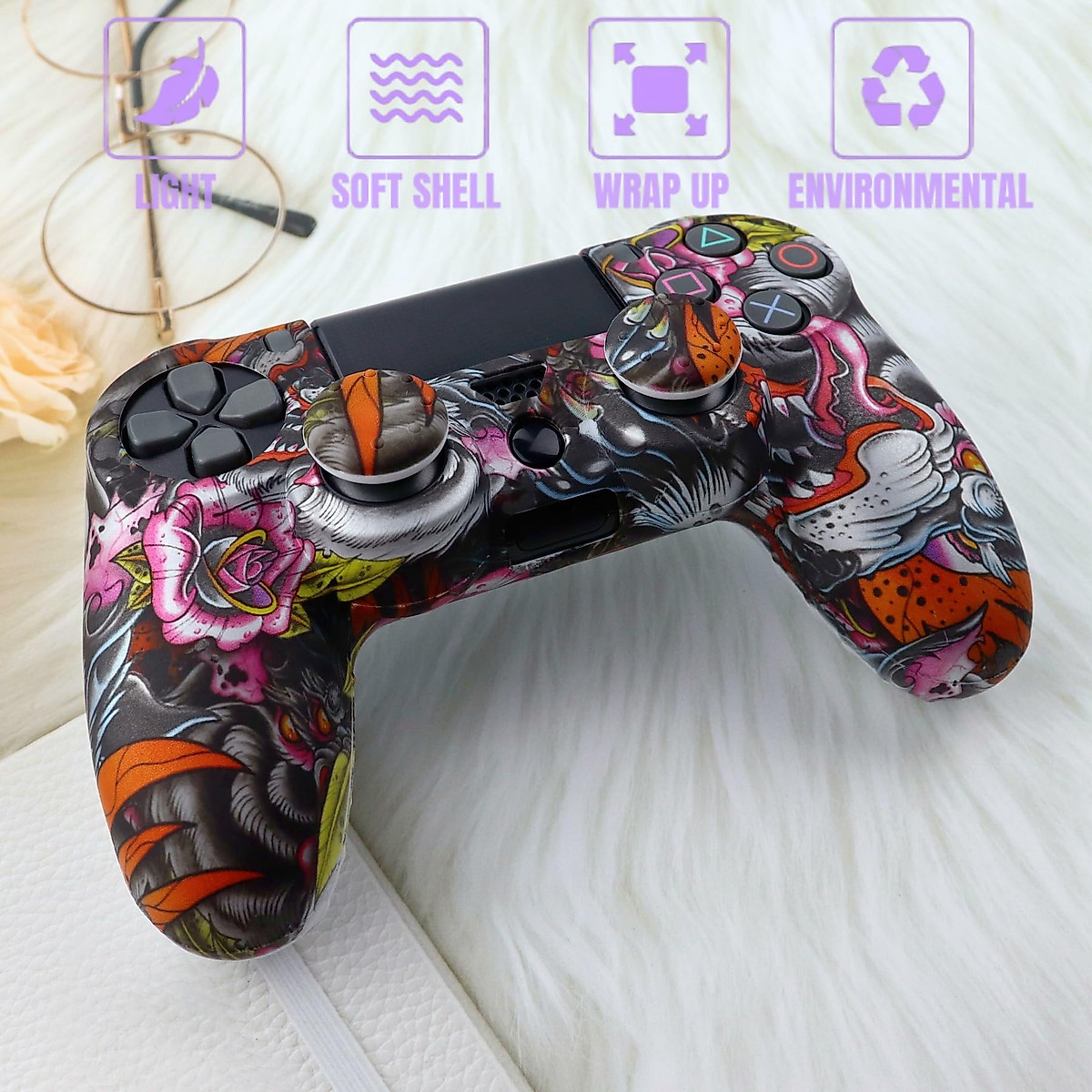 Skin for Ps4 Controller, Anti-Slip Silicone Shell Cover Case with 2pcs Thumb Grip Caps for PS4/ Slim/Pro Dualshock 4 Controller Wireless Gamepad (Lion Dance)