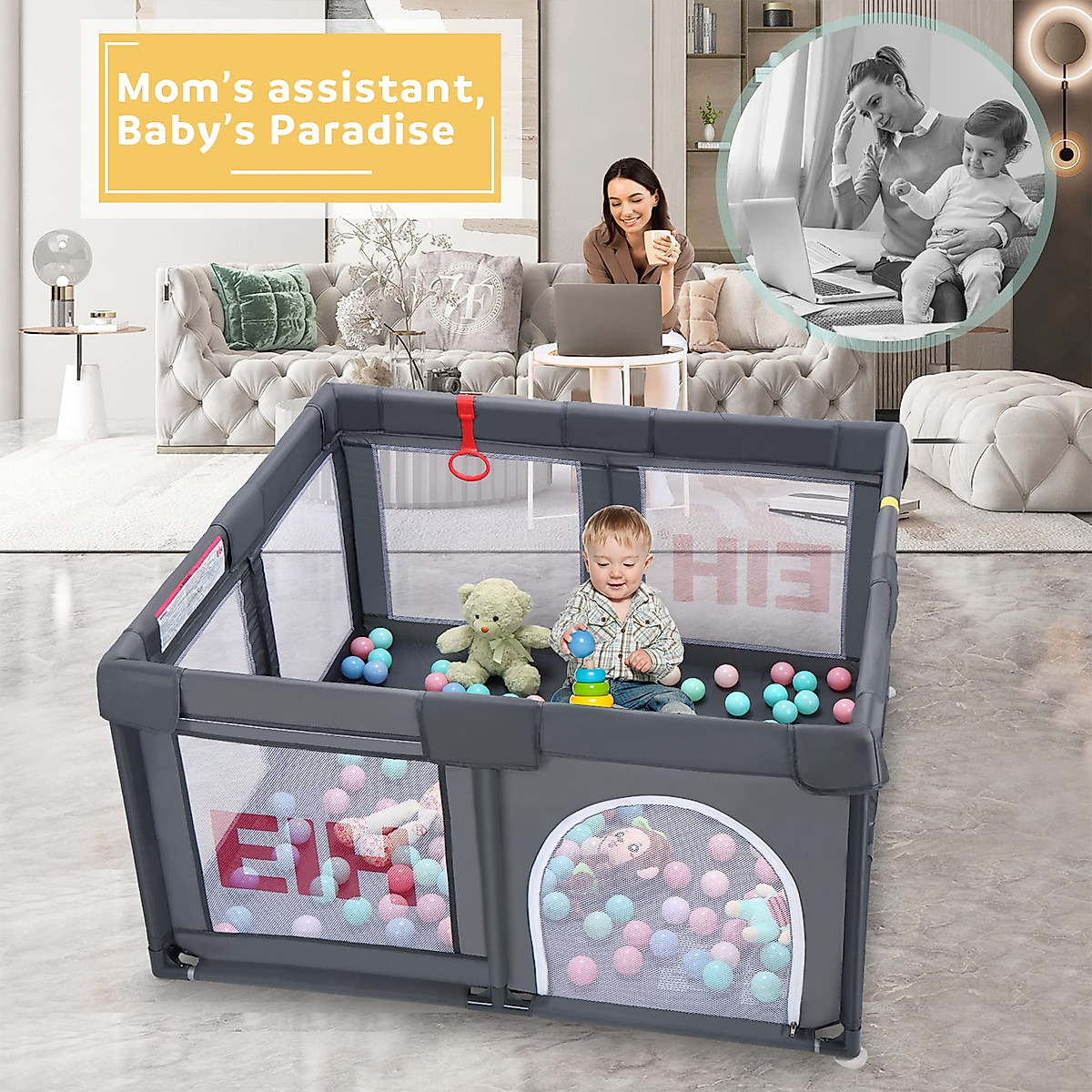 Baby Playpen, Playpen for Babies and Toddlers Indoor & Outdoor Kids Activity Center with 50 Ocean Balls Small Baby Playard Breathable Mesh Kids Safety Play Area, 47in x 47in (Dark Gray)