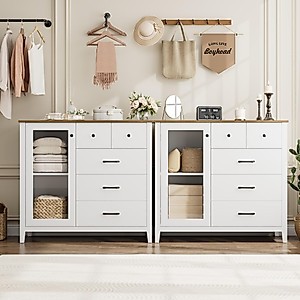 HOSTACK 5 Drawer Dresser with Glass Door, White Dresser for Bedroom, Modern Chest of Drawers with Shelves, Tall Dresser Wood Storage Cabinet for Bedroom, Living Room, White/Rustic Brown