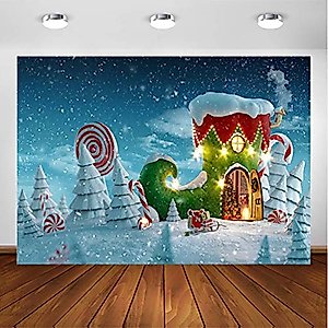 COMOPHOTO Winter Snow Landscape Backdrops for Photography 7x5ft Vinyl Christmas Candy Santa Claus Decoration Snowflakes for Photo Booth Background Blue Backdrop Printed Pictures