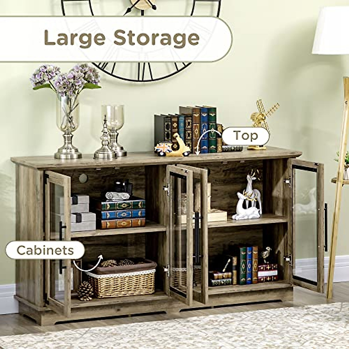 HOMCOM Farmhouse Sideboard, Buffet Cabinet, Coffee Bar Cabinet with 4 Glass Doors, Credenza, Distressed Grey