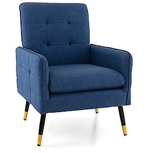 Giantex Modern Mid-Century Accent Chair - Upholstered Armchair with Tufted Back, Metal Legs, Adjustable Foot Pads, Linen Fabric Single Sofa Chair for Reading, Living Room Chair for Bedroom, Blue