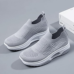 Women's Knitted Mesh Slip On Sock Sneakers,Breathable Upper Lightweight Platform Walking Nursing Shoes with Arch Support for Plantar Fasciitis (Grey,9)