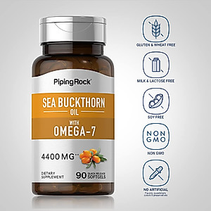 Piping Rock Sea Buckthorn Oil Capsules 4400mg | 90 Softgels | Sea Buckthorn Berry Extract | with Omega-7 | Gluten Free, Non-GMO